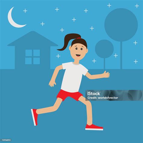 여자 귀여운 여자 밤 여름 시간 실행 실행 되는 재미 있는 만화 집 나무 실루엣입니다 빛나는 별 여성 캐릭터 평면 디자인을 실행 하는 운동 밖에 레이디 러너 휘트니스 조깅