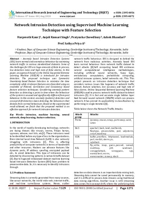 Pdf Irjet Network Intrusion Detection Using Supervised Machine