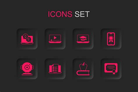 온라인 퀴즈 테스트 설문 조사 비디오 재생 질문 및 답변 사과로 책 교육 졸업장 인증서 템플릿 졸업 모자 노트북 및 웹 카메라 아이콘을 설정합니다 벡터 공부에 대한 스톡