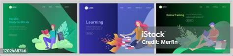 편안한 학습 사람들이 야외에서 온라인 교육 교육 및 과정을 위해 졸업한 웹 페이지 디자인 템플릿 세트 현대 벡터 일러스트 레이션 개념 Html에 대한 스톡 벡터 아트 및