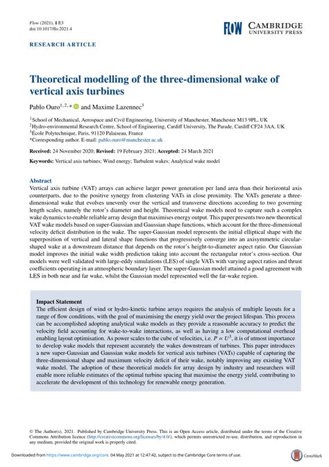 Pdf Theoretical Modelling Of The Three Dimensional Wake Of Vertical Axis Turbines