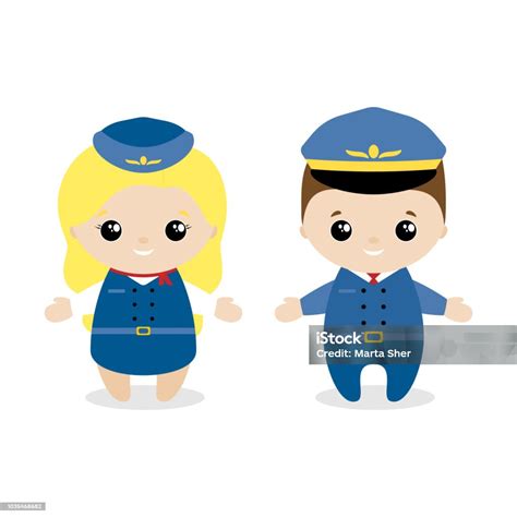 남자와 여자 조종사와 승무원 스타일 만화 직업에 있는 귀여운 만화 아이 들의 집합입니다 벡터 일러스트 레이 션 귀여운에 대한 스톡 벡터 아트 및 기타 이미지 Istock