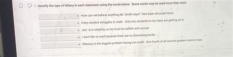 Identify The Type Of Fallacy In Each Statement Using The Words Below