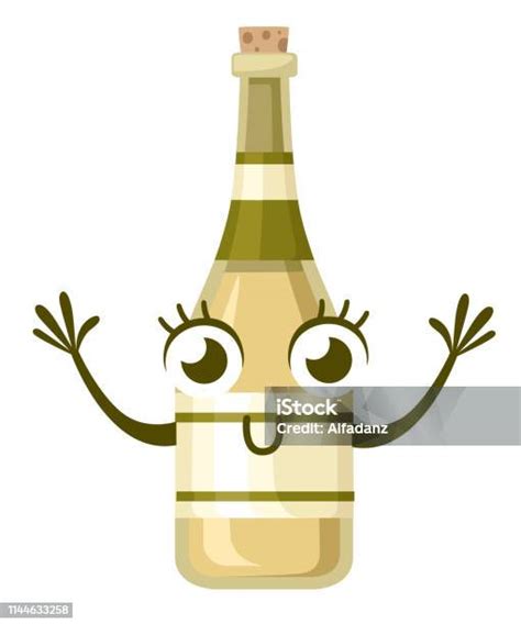 화이트 와인 병 만화 캐릭터 디자인 알코올 마스코트 노란색 호 일 노란색 라벨이 있는 병 흰색 배경에 고립 된 평면 벡터 일러스트 레이 션 긴에 대한 스톡 벡터 아트 및