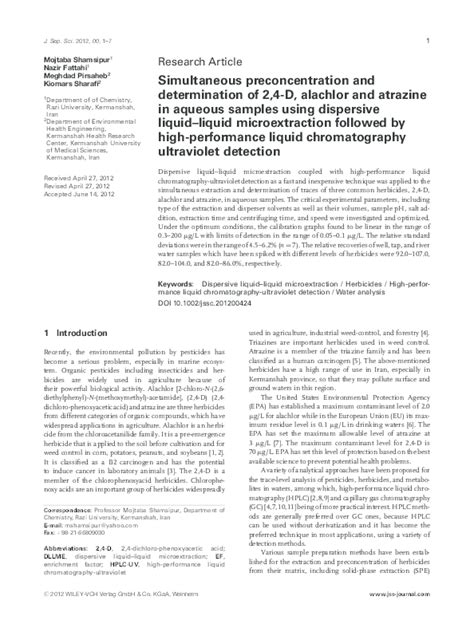 Pdf Simultaneous Preconcentration And Determination Of 2 4 D Alachlor And Atrazine In Aqueous