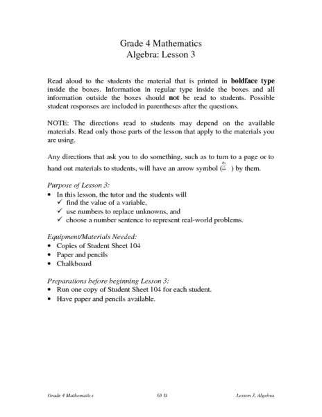 Algebra Lesson 3 Variables Lesson Plan For 4th Grade Lesson Planet