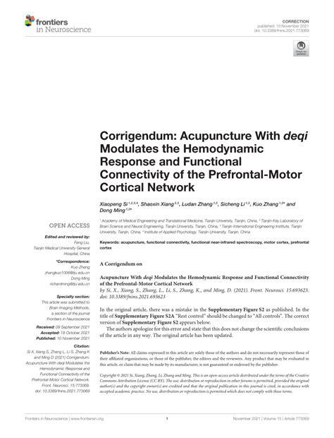 Pdf Corrigendum Acupuncture With Deqi Modulates The Hemodynamic Response And Functional