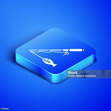 파란색 배경에 격리 된 등각 칭시 대와 물고기 아이콘입니다 낚시 장비 및 어류 양식 주제 파란색 사각형 버튼입니다 벡터 일러스트레이션 강에 대한 스톡 벡터 아트 및 기타