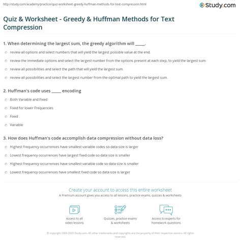 Quiz And Worksheet Greedy And Huffman Methods For Text Compression