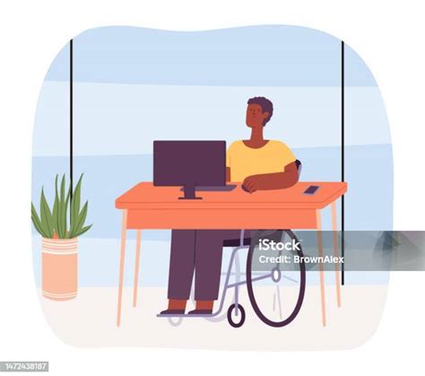 직장에서 장애인 휠체어를 탄 남성 캐릭터는 컴퓨터와 함께 책상에 앉아 일하고 있으며 회사원은 개체 그룹에 대한 스톡 벡터 아트 및 기타 이미지 Istock