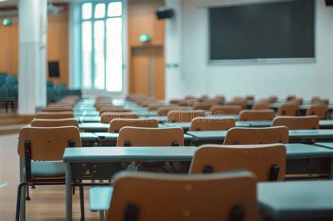 Empty Classroom With Rows Of Chairs And A Blackboard In The Background