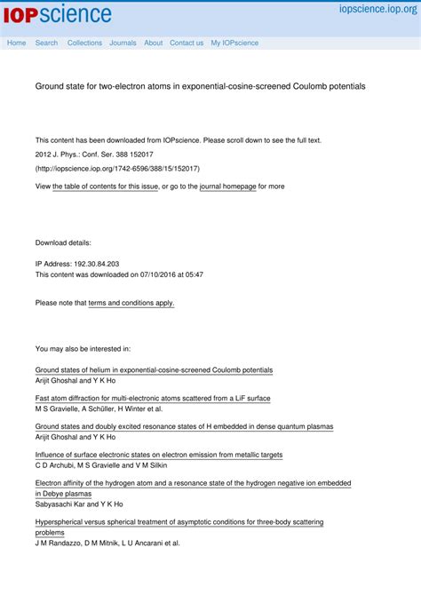 Pdf Ground State For Two Electron Atoms In Exponential Cosine Screened Coulomb Potentials