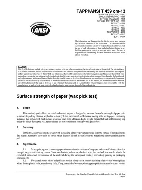 Surface Strength Of Paper Wax Pick Test T 459 Om 13 Pdf