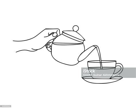 찻주전자에서 컵에 차를 붓는 손의 낙서 그림 찻주전자와 컵의 손으로 그린 그림 컵에 차를 붓는다 마시는 유리와 커피 포트의 낙서 그림 따르기에 대한 스톡 벡터 아트 및 기타