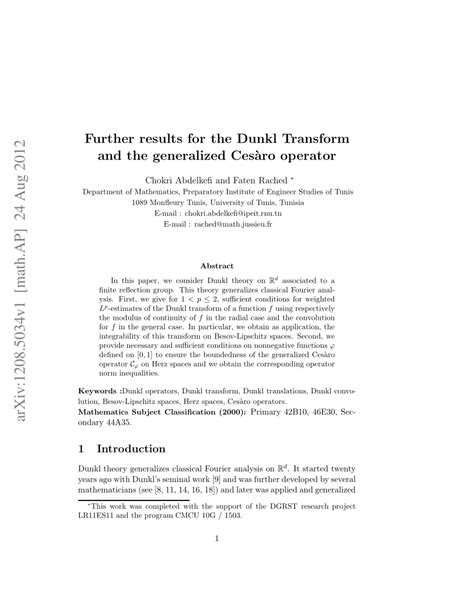 Pdf Further Results For The Dunkl Transform And The Generalized Ces`aro Operator