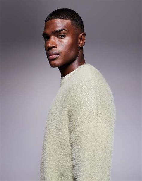 Asos Design Relaxed Fluffy Knit Crew Neck Sweater In Sage Asos