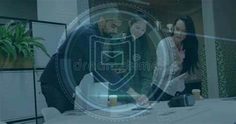 Animation Of Message Icon And Cyber Security Text In Circle Diverse Colleagues Discussing In