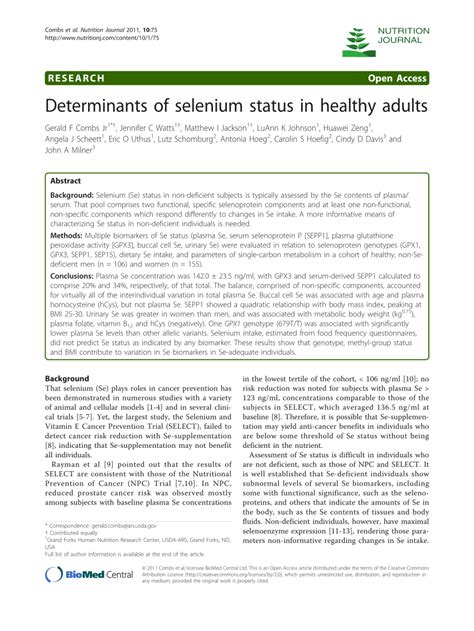 Pdf Determinants Of Selenium Status In Healthy Adults