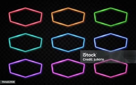 육각형 모양의 빛나는 간판 컬렉션입니다 기술 전기 Led 또는 할로겐 램프 프레임 빈 텍스트 공간 간판 디자인에 대 한 다채로운 빛 테두리 컬렉션입니다 80 년대 스타일