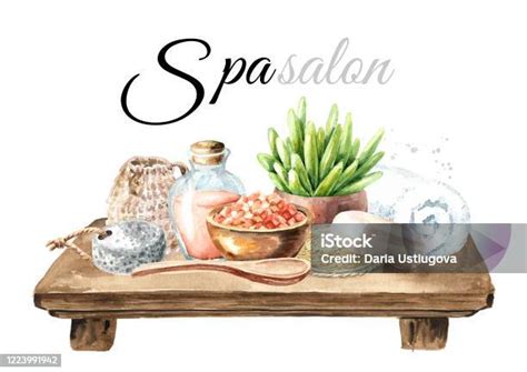 스파 살롱 카드 개념입니다 목욕 액세서리 흰색 배경에 격리 된 손으로 그린 수채화 그림 각질제거에 대한 스톡 벡터 아트 및 기타 이미지 각질제거 각질제거 돌 개념