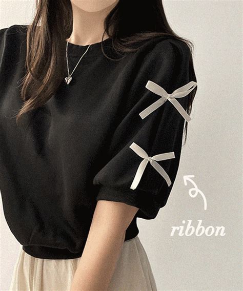 잘록허리11할인 리본 포인트 퍼프 소매 반팔 맨투맨 4color 에이블리