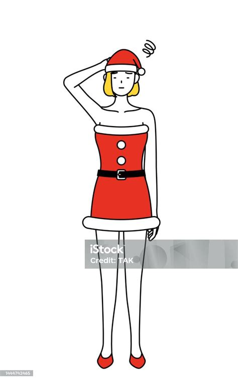 산타 클로스로 옷을 입은 여자가 괴로워 머리를 긁적 거리는 간단한 선 그리기 그림 12월에 대한 스톡 벡터 아트 및 기타 이미지