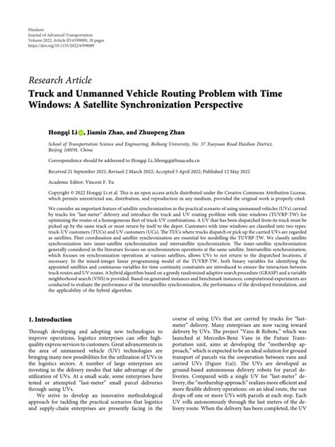 PDF Truck And Unmanned Vehicle Routing Problem With Time Windows A Satellite Synchronization