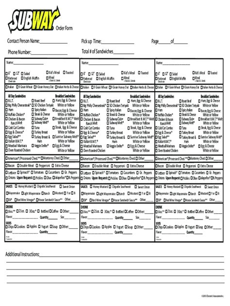 Subway Catering Order Form Blank Fillable Template Fill Out Print