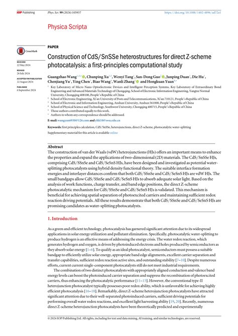 Construction Of Cdssnsse Heterostructures For Direct Z Scheme Photocatalysis A First
