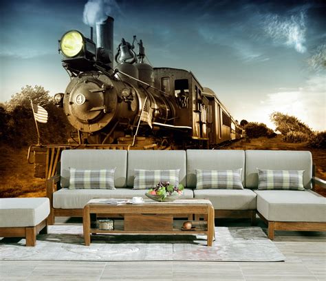 Retro Old Steam Train Wallpaper Locomotive Wall Mural Peel And Stick