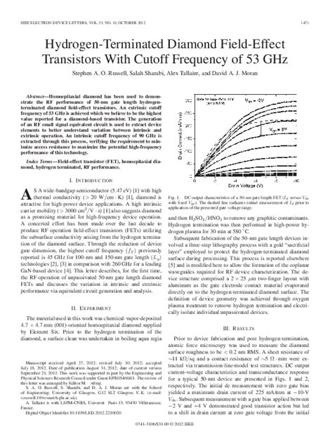 Pdf Hydrogen Terminated Diamond Field Effect Transistors With Cutoff Frequency Of 53 Ghz