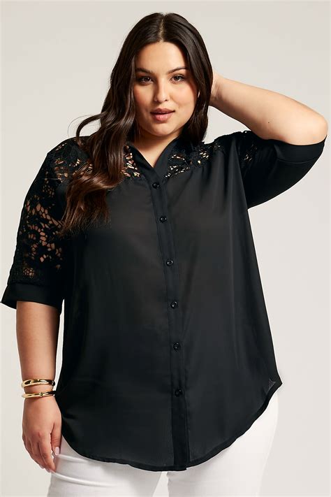 Yours London Plus Size Black Lace Sleeve Shirt Yours Clothing
