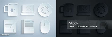 파일 문서 스카치 빈 노트북과 펜 컴퓨터 마우스 노트북 화면의 십자 표시 및 커피 컵 평면 아이콘을 설정합니다 벡터 3차원