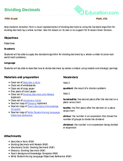 EL Support Lesson Dividing Decimals Lesson Plan Education Com