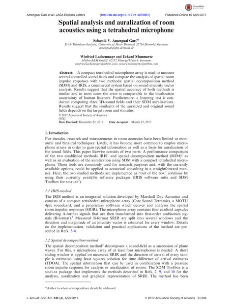 Pdf Spatial Analysis And Auralization Of Room Acoustics Using A Tetrahedral Microphone