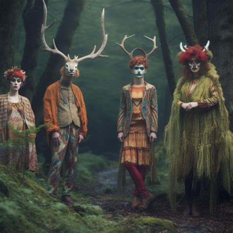 Premium Photo Three People Dressed In Costumes With Deer Heads And Horns In A Forest Generative Ai
