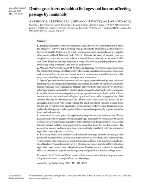 Drainage Culverts As Habitat Linkages And Factors Affecting Passage By Mammals Pdf Spruce