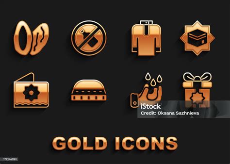 기도를 위한 무슬림 모자 카바 모스크 선물 상자 우두 팔각형 별 셔츠 쿠르타 대추 과일 및 알코올 없음 아이콘을 설정합니다 벡터