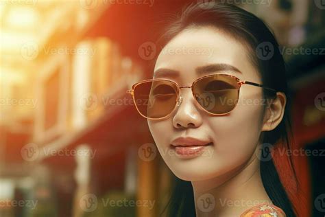 Chinese Woman Wears Sunglasses Happy Smiling Generate Ai 34050236