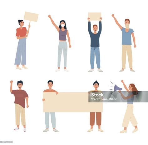 백인 현대인들이 항의하는 집합 현수막 배너를 들고 있다 메가폰으로 말하기 시위대 폭동 표현의 컬렉션 남성과 여성은 손을 주먹으로 올렸다 플랫 벡터 일러스트레이션