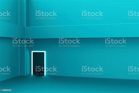 정사각형 입구가 있는 추상적인 어두운 빈 홀에 포스터 또는 광고 배너를 위한 장소가 있는 빈 녹색 금속 벽에 대한 투시도 3d 렌더링 모형 가정의 방에 대한 스톡 사진 및