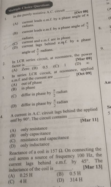 In Series Lcr Circuit At Resonance Applied E M F And The Current Are