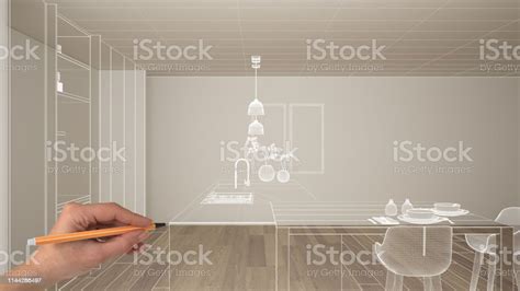 쪽모이 세공 바닥과 흰 벽이 있는 빈 흰색 인테리어 손으로 그리는 사용자 정의 아키텍처 디자인 흰색 잉크 스케치 현대 미니 멀 한 부엌을 보여주는 청사진 개념 모의 아이디어