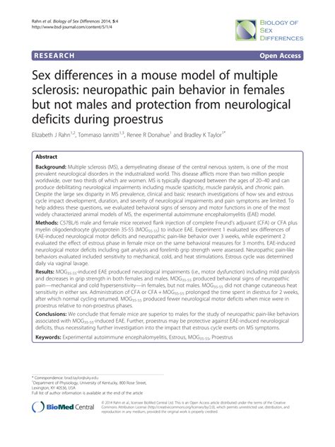 Pdf Sex Differences In A Mouse Model Of Multiple Sclerosis