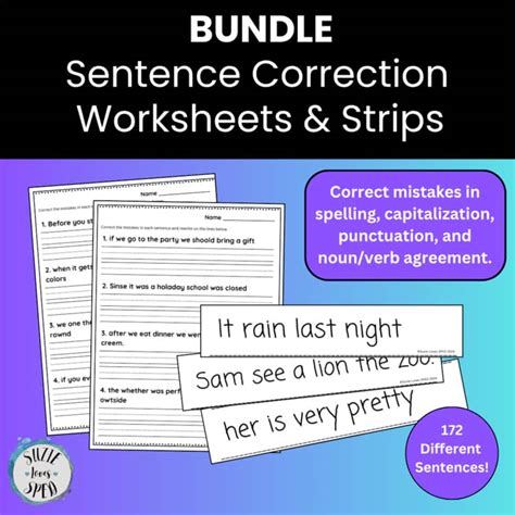Sentence Corrections Worksheets And Strips Bundle Sentence Writing