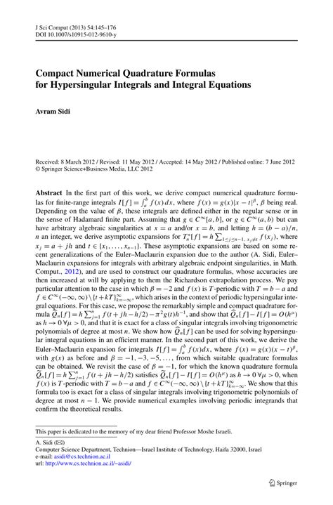 Pdf Compact Numerical Quadrature Formulas For Hypersingular Integrals And Integral Equations
