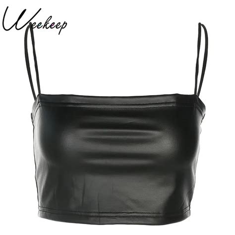 Weekeep Sexy Cropped Leather Top Tank Womens Summer Black Bralette Crop Top Backless Camisole