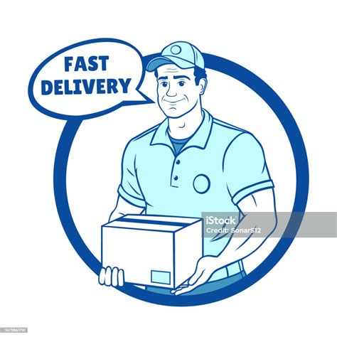 파란색 유니폼을 입은 배달원이 패키지 상자를 들고 웃고 있다 흰색 배경에 벡터 스티커입니다 개념에 대한 스톡 벡터 아트 및 기타