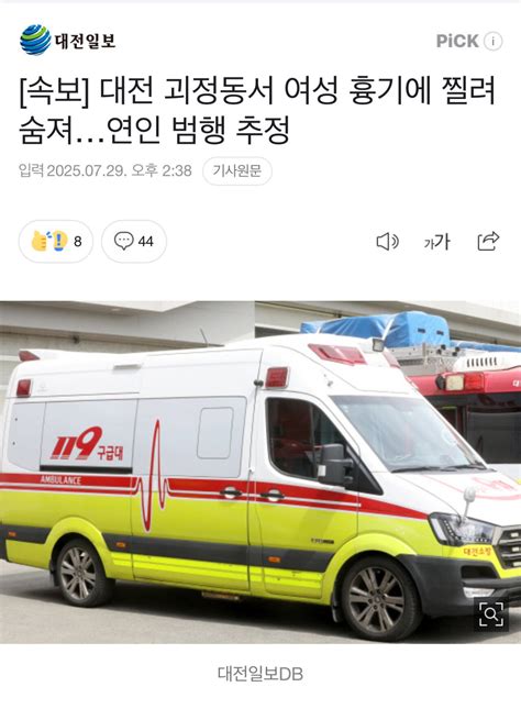 [속보] 대전 괴정동서 여성 흉기에 찔려 숨져…연인 범행 추정 유머 움짤 이슈 에펨코리아