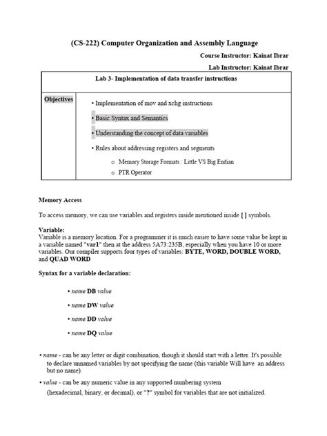 lab3 implementation of mov and xchng pdf variable computer science assembly language